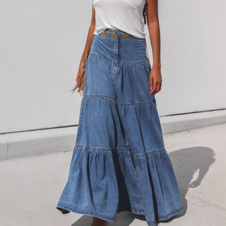 Damen Denim Maxikleid im Boho-Stil mit voluminösem Rock und Rüschen ...