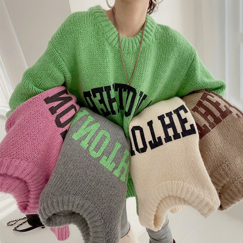 Damen Oversized Pullover mit auffälligem Schriftzug und gestricktem ...